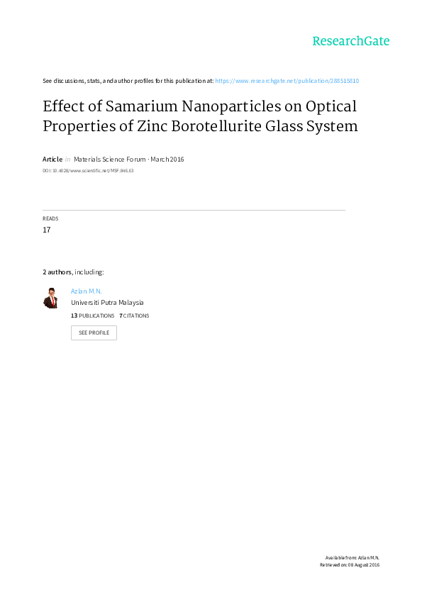 (PDF) Effect of Samarium Nanoparticles on Optical Properties of Zinc ...