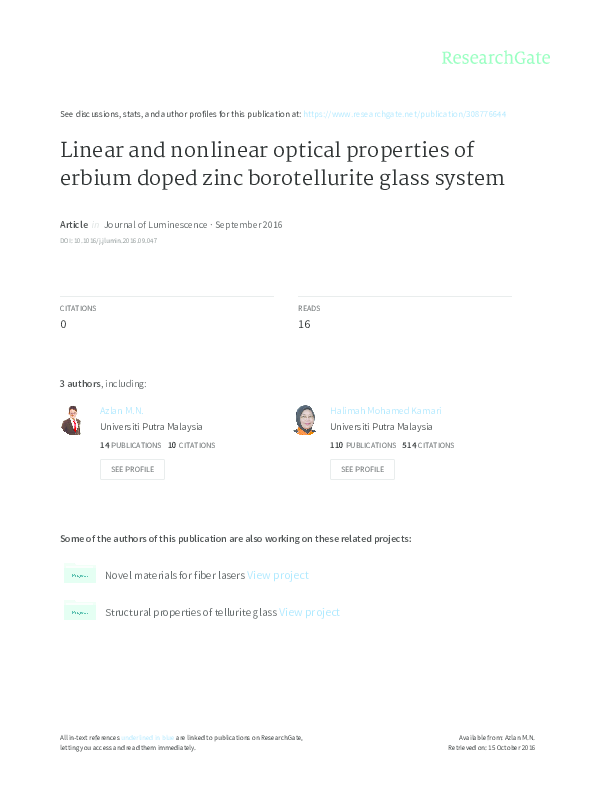 (PDF) Linear and nonlinear optical properties of erbium doped zinc borotellurite glass system
