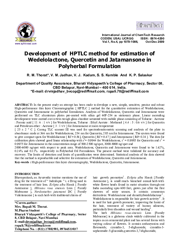 (PDF) Development of HPTLC method for estimation of Wedelolactone, Quercetin and Jatamansone in ...