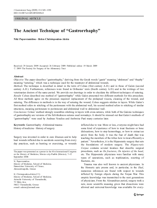 (PDF) The Ancient Technique of “Gastrorrhaphy