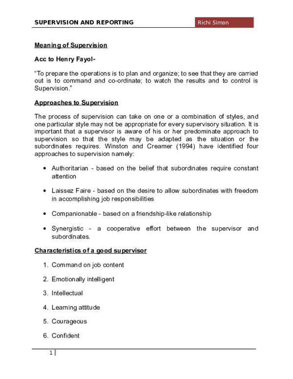 (DOC) Supervision and Reporting