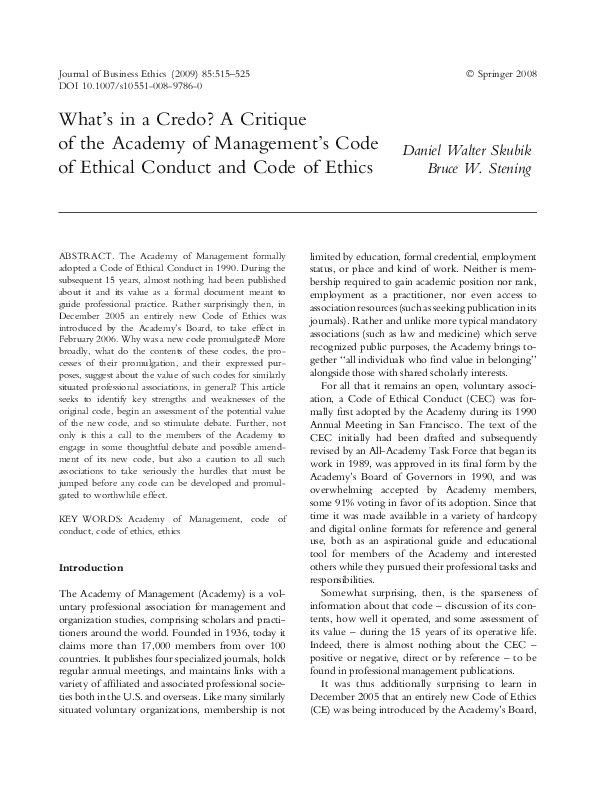 (PDF) What’s in a Credo? A Critique of the Academy of Management’s Code ...