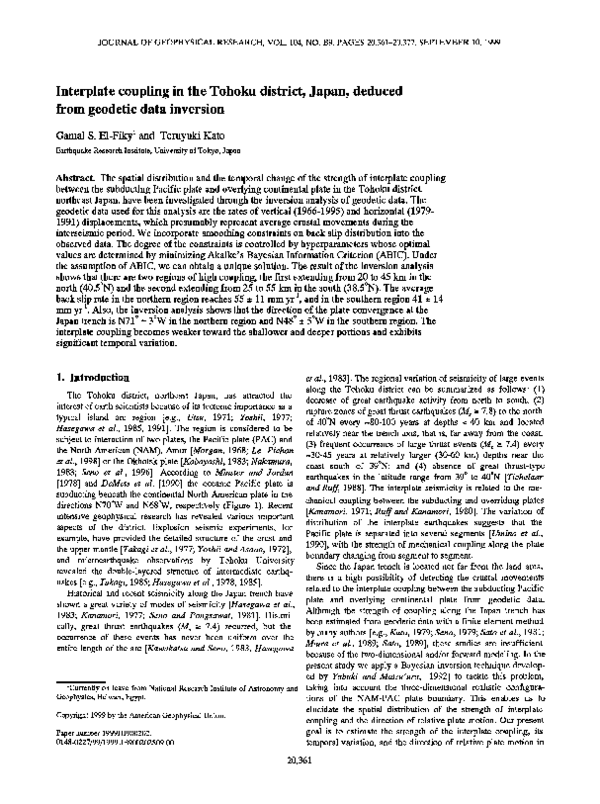 (PDF) Interplate coupling in the Tohoku district, Japan, deduced from ...