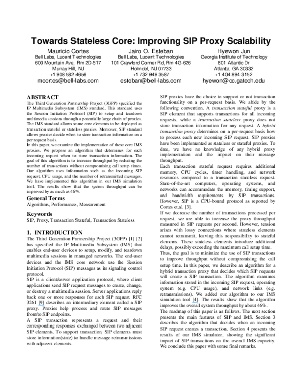 (PDF) Towards Stateless Core: Improving SIP Proxy Scalability