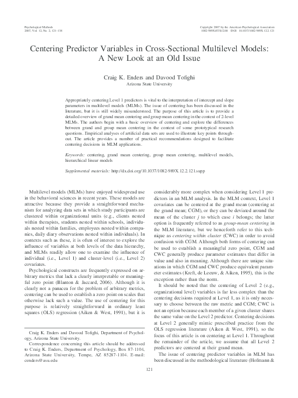 Pdf Centering Predictor Variables In Cross Sectional Multilevel Models A New Look At An Old Issue