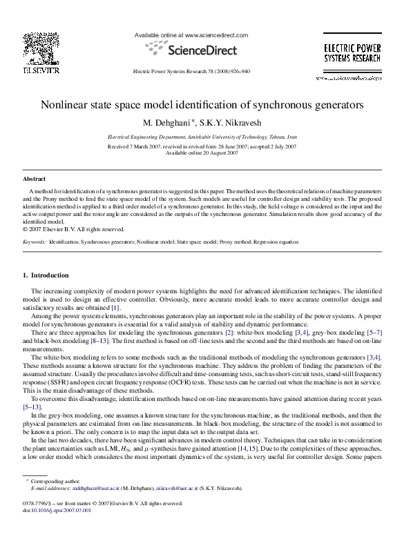 Pdf Nonlinear State Space Model Identification Of Synchronous Generators