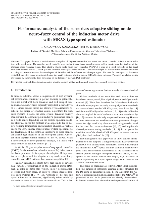 (PDF) Performance analysis of the sensorless adaptive sliding-mode neuro-fuzzy control of the ...