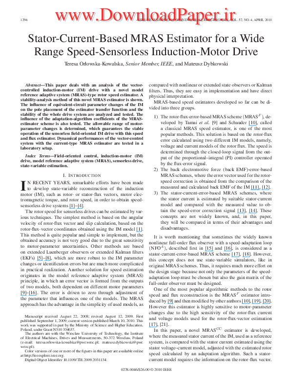 Pdf Stator Current Based Mras Estimator For A Wide Range Speed