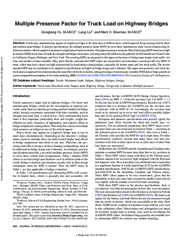 (PDF) Multiple Presence Factor for Truck Load on Highway Bridges
