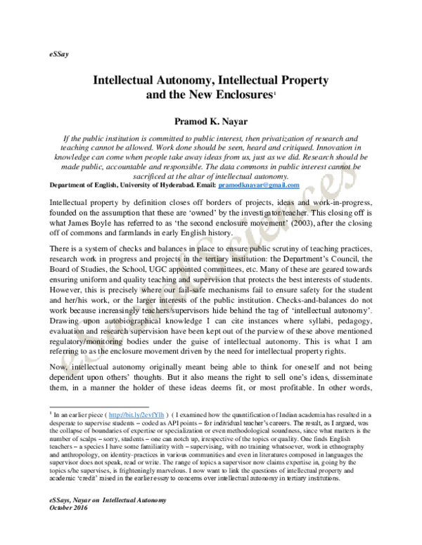 (PDF) Intellectual Autonomy, Intellectual Property and the New Enclosures