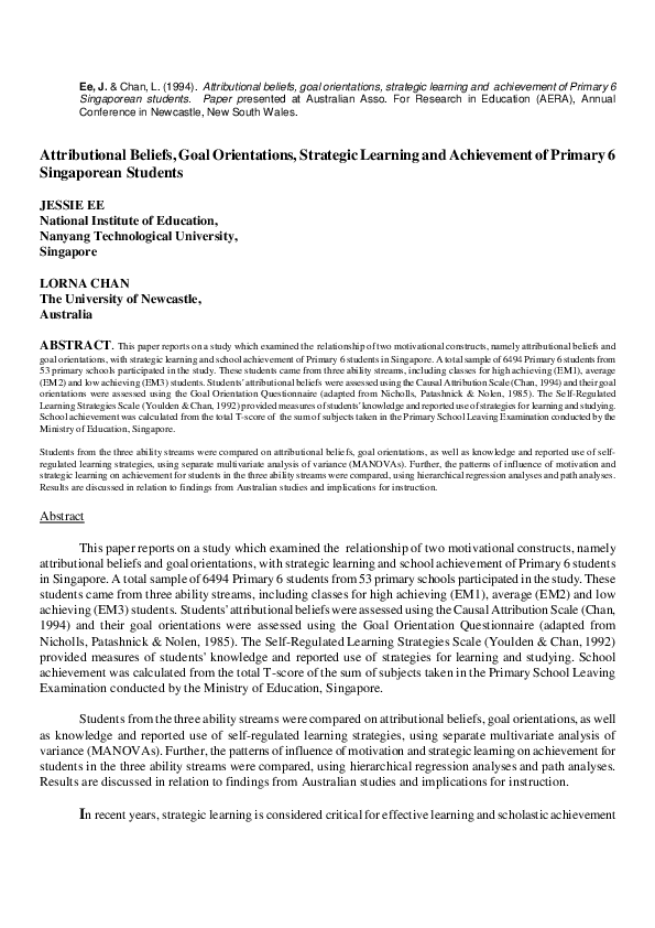 (PDF) Attributional Beliefs, Goal Orientations, Strategic Learning and Achievement of Primary 6 ...