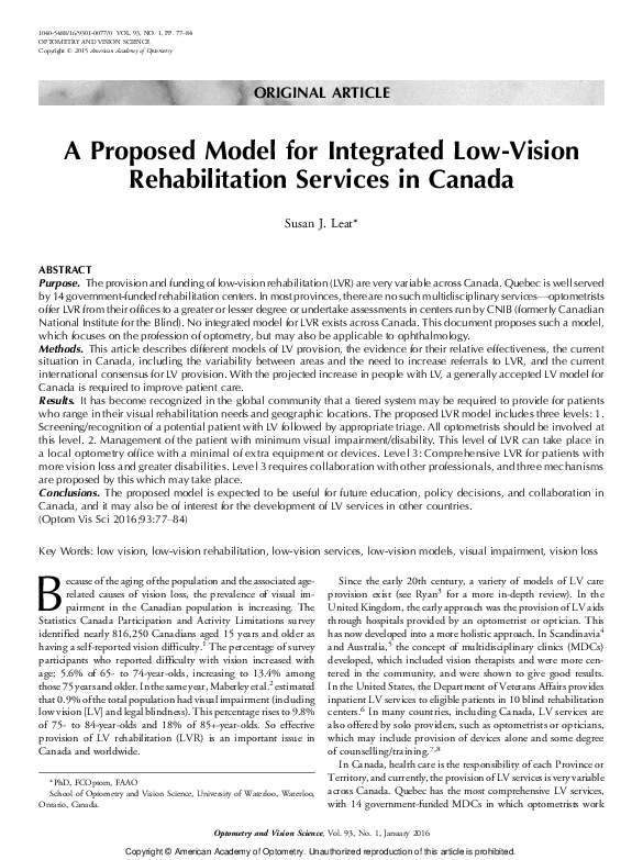 (PDF) A Proposed Model for Integrated Low-Vision Rehabilitation ...