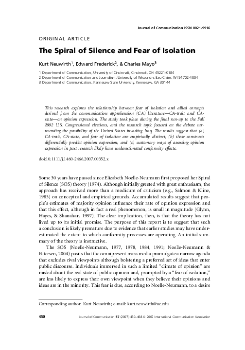 (PDF) The Spiral of Silence and Fear of Isolation