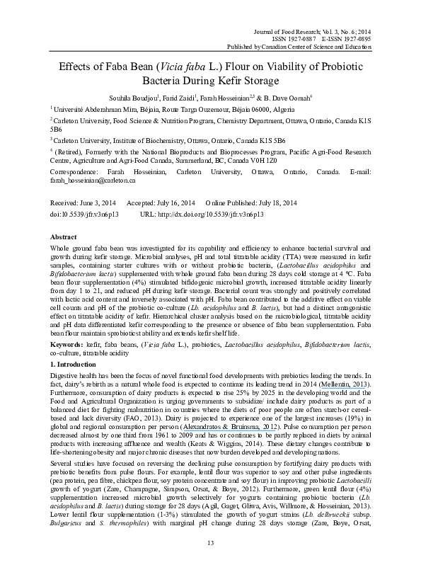 (PDF) Effects of Faba Bean (Vicia faba L.) Flour on Viability of Probiotic Bacteria During Kefir ...