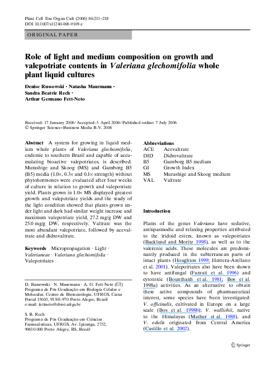 (PDF) Role of Light and Medium Composition on Growth and Valepotriate ...
