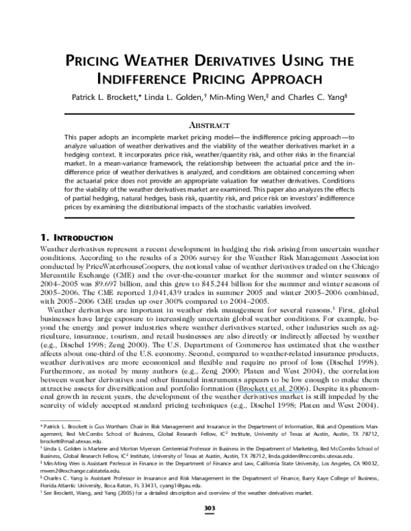 (PDF) PRICING WEATHER DERIVATIVES USING THE INDIFFERENCE PRICING APPROACH