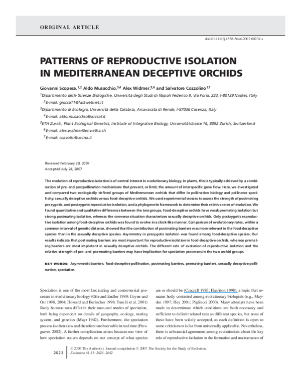 (PDF) PATTERNS OF REPRODUCTIVE ISOLATION IN MEDITERRANEAN DECEPTIVE ORCHIDS