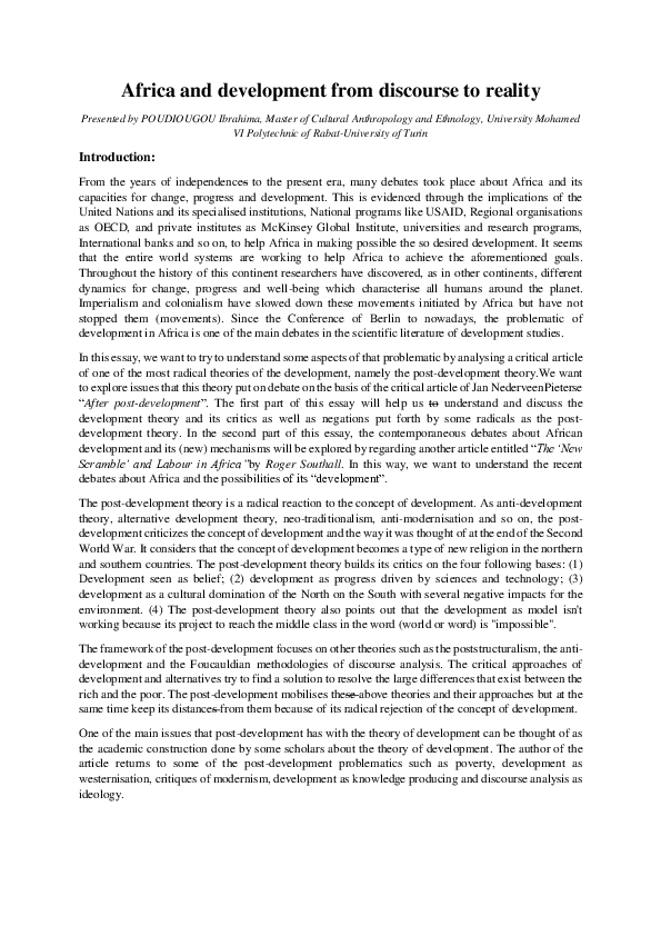 (PDF) Africa and development from discourse to reality