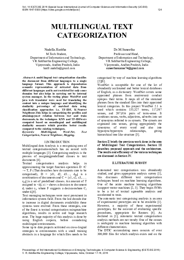 Pdf Multilingual Text Categorization Journal Of Computer Science Ijcsis