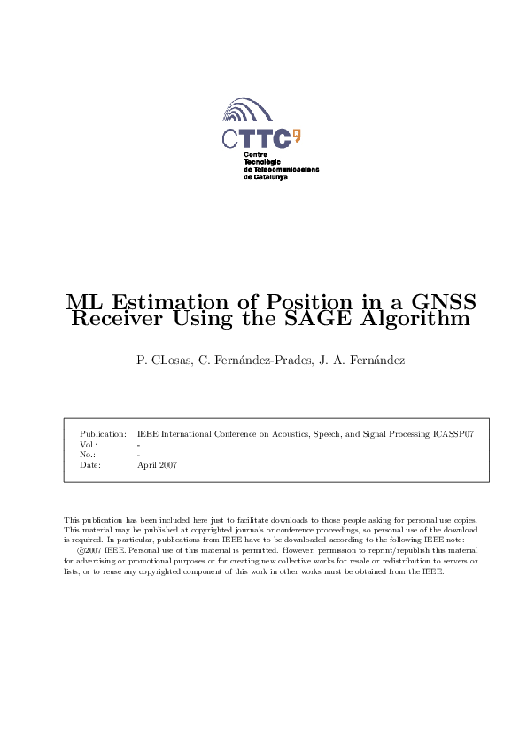 (PDF) ML Estimation of Position in a GNSS Receiver using the SAGE Algorithm