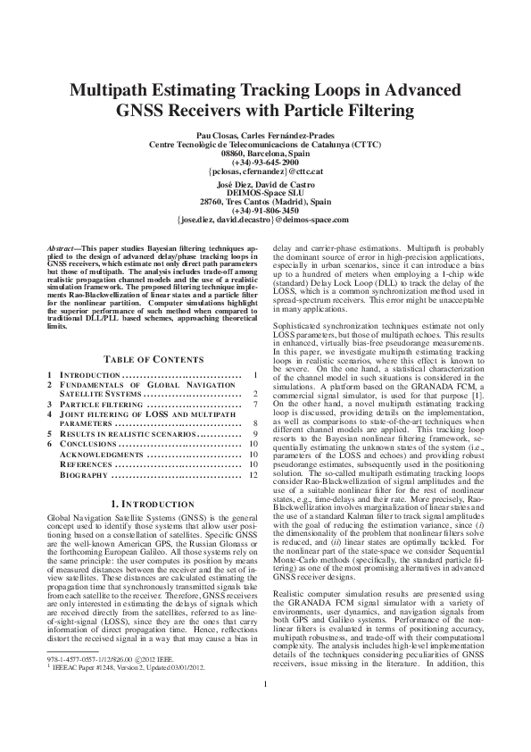 (PDF) Multipath estimating tracking loops in advanced GNSS receivers with particle filtering