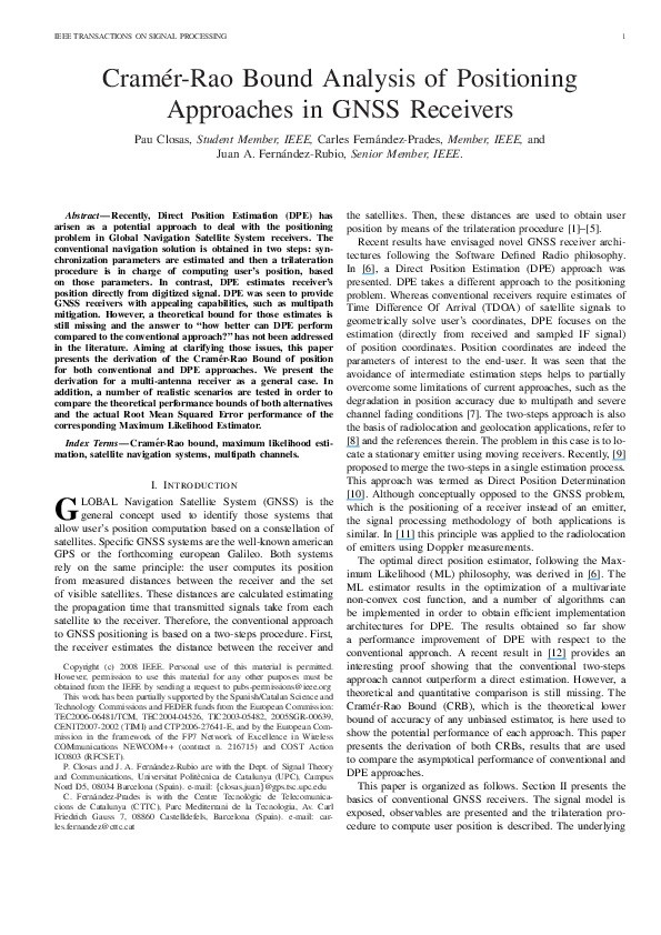 (PDF) Cramér-Rao bound analysis of positioning approaches in GNSS receivers
