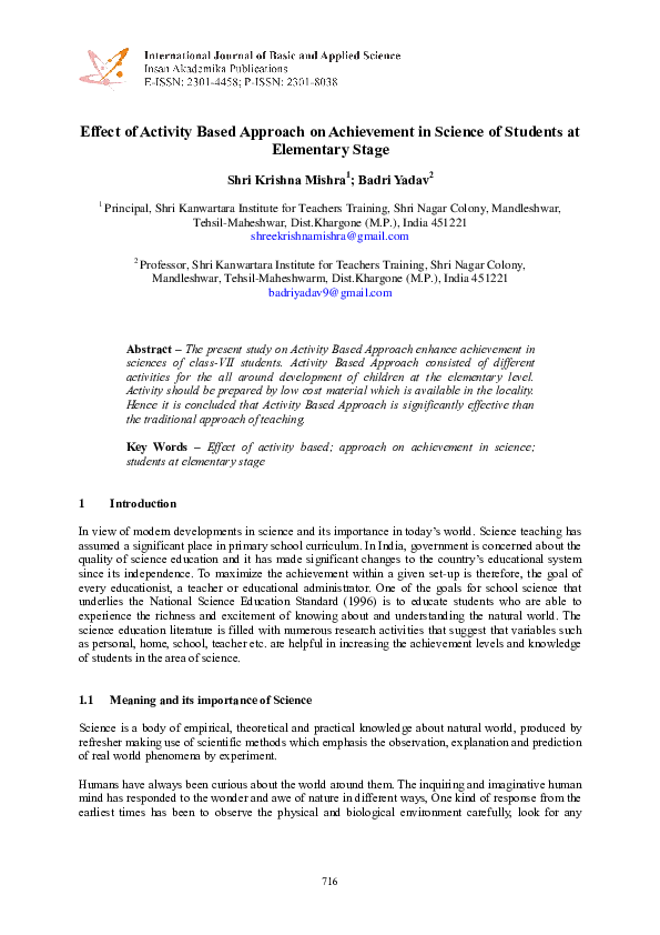 (PDF) Effect of Activity Based Approach on Achievement in Science of ...