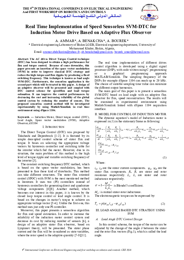 Pdf Real Time Implementation Of Speed Sensorless Svm Dtc For Induction Motor Drive Based On