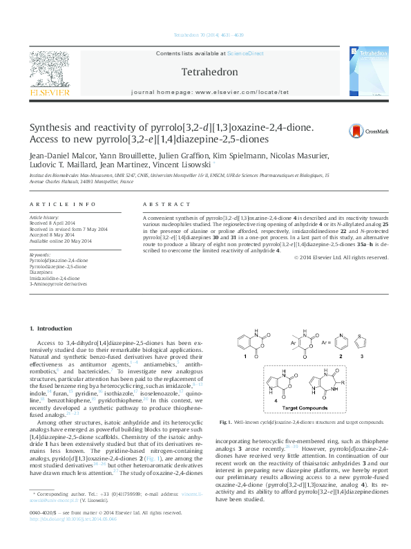 (PDF) Synthesis and Reactivity of Pyrrolo[3,2-d][1,3]oxazine-2,4-dione ...
