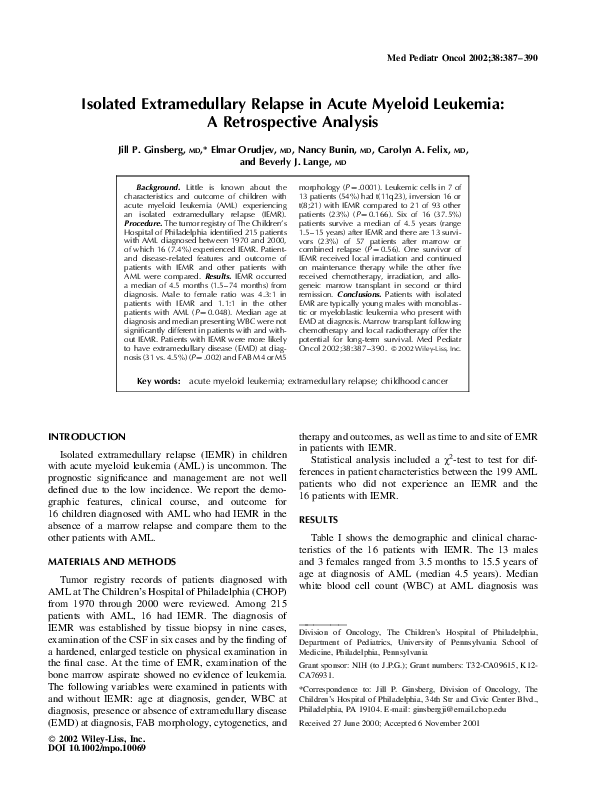 (PDF) Isolated extramedullary relapse in acute myeloid leukemia: A retrospective analysis