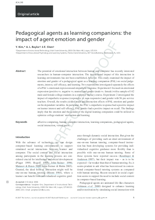 (PDF) Pedagogical agents as learning companions: the impact of agent ...