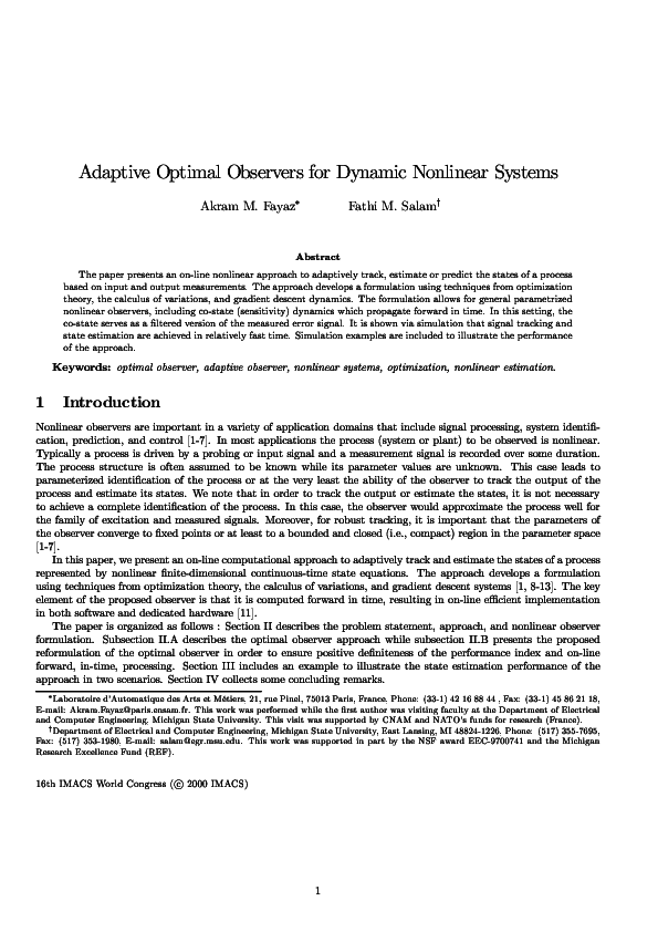Pdf Adaptive Optimal Observers For Dynamic Nonlinear Systems