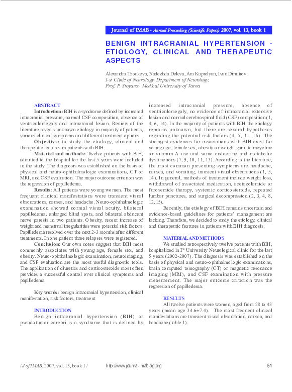 Pdf Benign Intracranial Hypertension Etiology Clinical And
