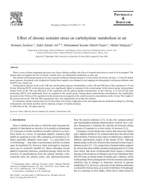 (PDF) Effect of chronic restraint stress on carbohydrate metabolism in rat