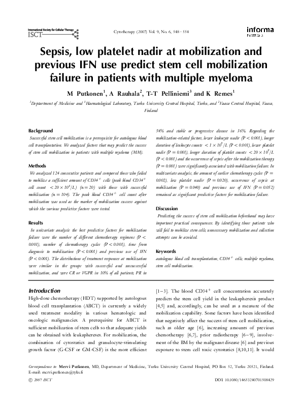 (PDF) Sepsis, low platelet nadir at mobilization and previous IFN use ...