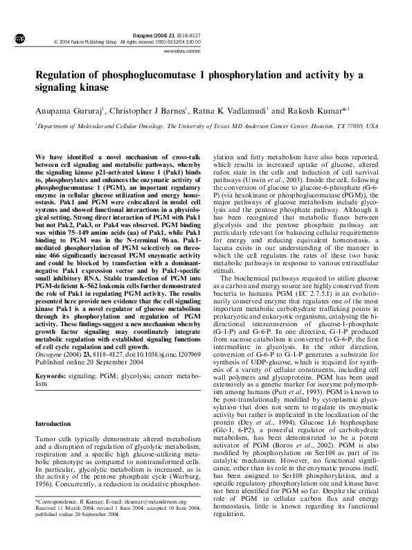 (PDF) Regulation of phosphoglucomutase 1 phosphorylation and activity ...