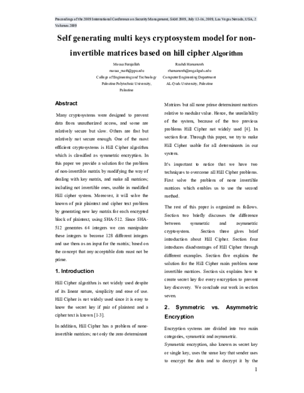 (PDF) Self Generating Multi Keys Cryptosystem Model for Non-Invertible Matrices based on Hill Cipher
