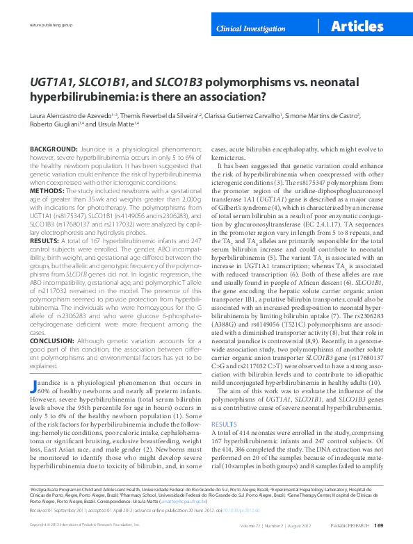 (PDF) UGT1A1, SLCO1B1, and SLCO1B3 polymorphisms vs. neonatal ...