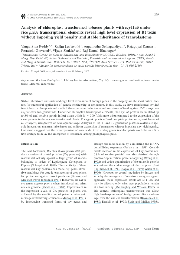 (PDF) Analysis of chloroplast transformed tobacco plants with cry 1Ia5 ...