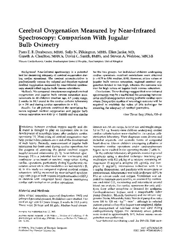 (PDF) Cerebral oxygenation measured by near-infrared spectroscopy: Comparison with jugular bulb ...