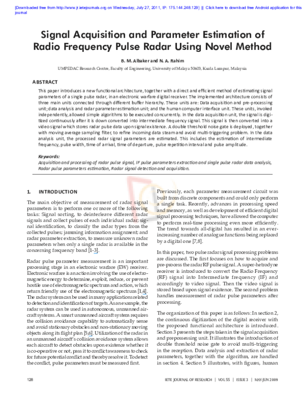 (PDF) Signal Acquisition and Parameter Estimation of Radio Frequency Pulse Radar Using Novel Method