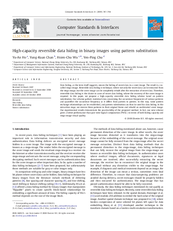 (PDF) High-capacity reversible data hiding in binary images using pattern substitution