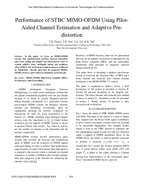 (PDF) Performance of STBC MIMO-OFDM using pilot-aided channel estimation and adaptive pre-distortion