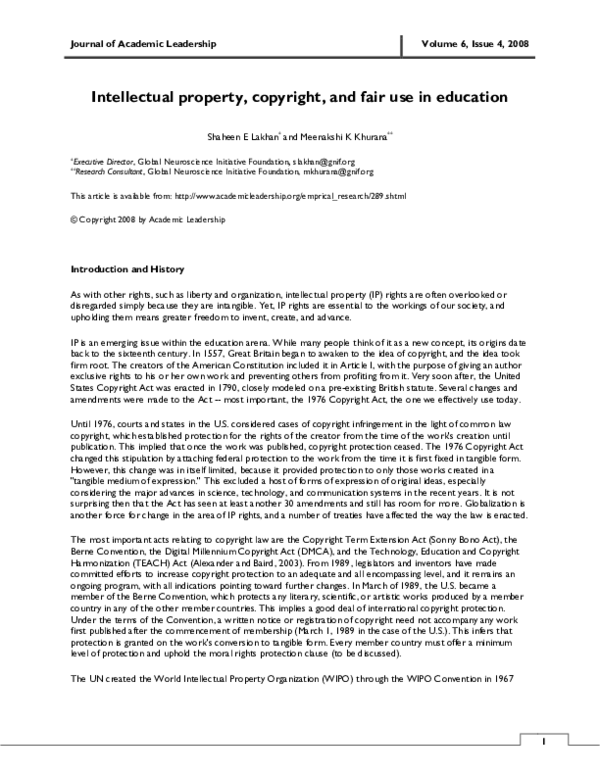 (PDF) Intellectual property, copyright, and fair use in education