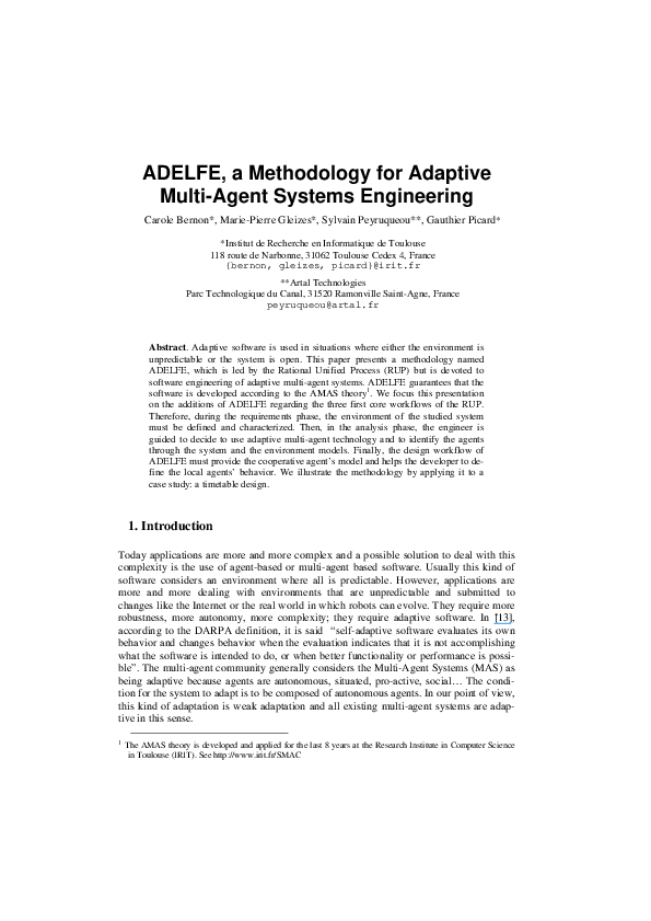 (PDF) ADELFE: A Methodology for Adaptive Multi-agent Systems Engineering