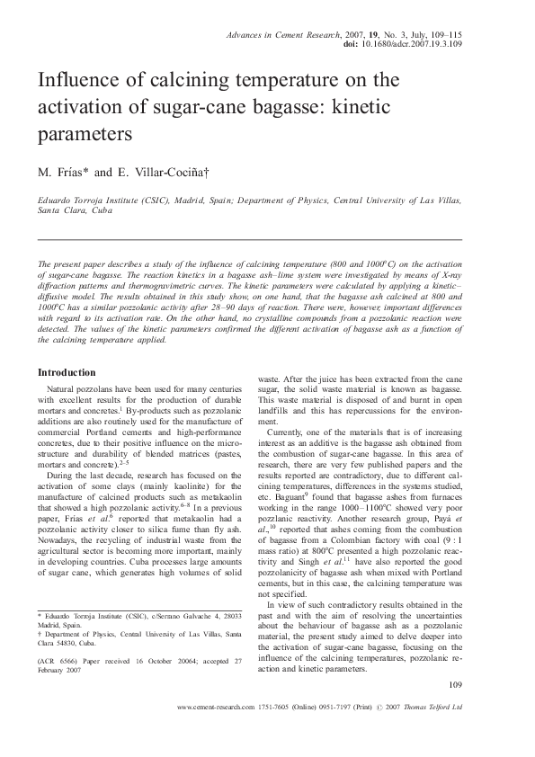 (PDF) Influence of calcining temperature on the activation of sugar-cane bagasse: kinetic parameters