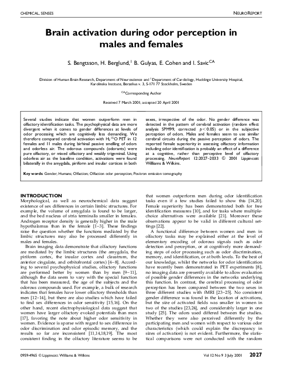 (PDF) Brain activation during odor perception in males and females