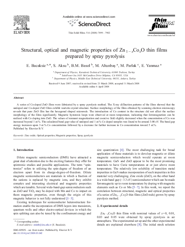 (PDF) Structural, optical and magnetic properties of Zn 1− x Co x O thin films prepared by spray ...