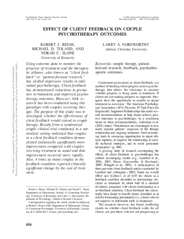 (PDF) EFFECT OF CLIENT FEEDBACK ON COUPLE PSYCHOTHERAPY OUTCOMES
