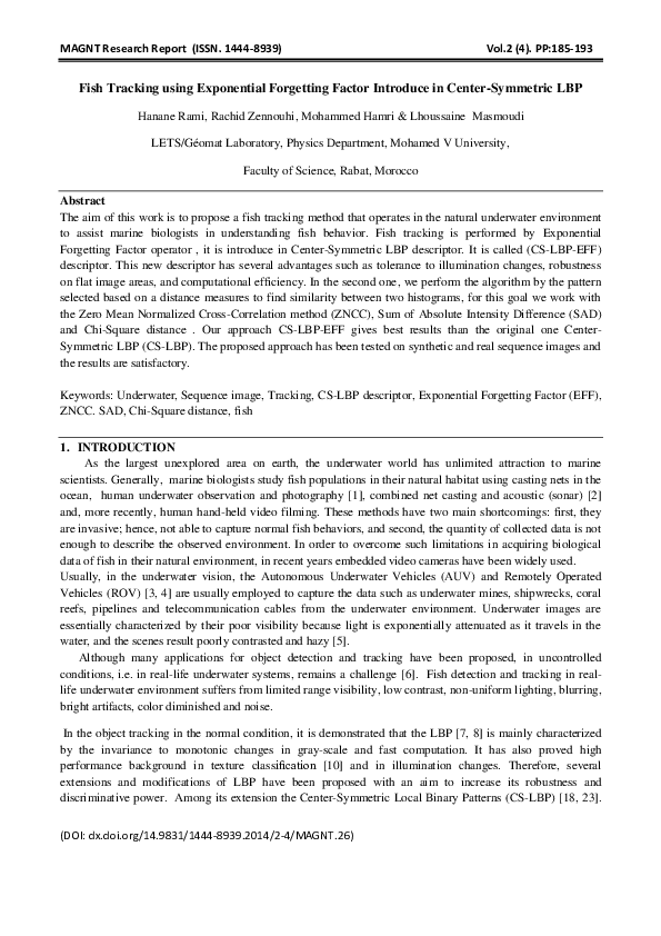 (PDF) Fish Tracking using Exponential Forgetting Factor Introduce in Center-Symmetric LBP
